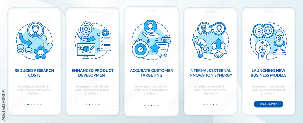 Open innovation pros onboarding mobile app page screen with concepts. Research costs, consumer ...
