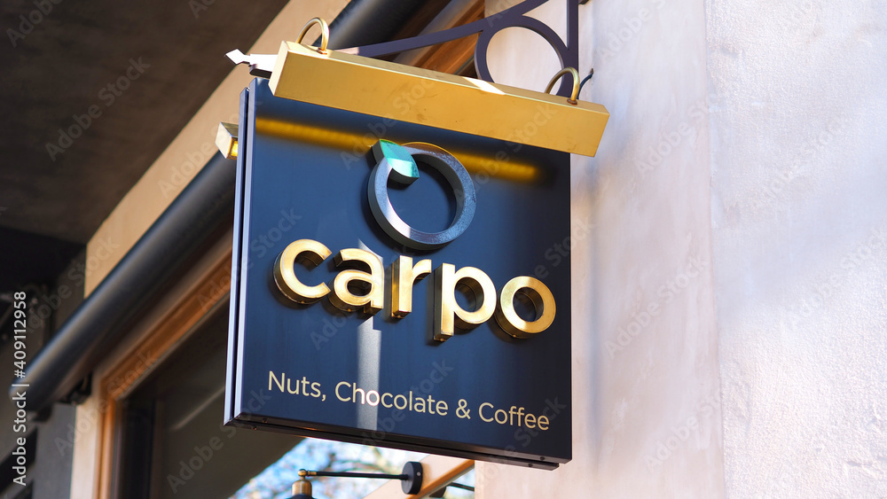 Famous "carpo" coffee shop sign in centre of Kifisia suburb, North ...