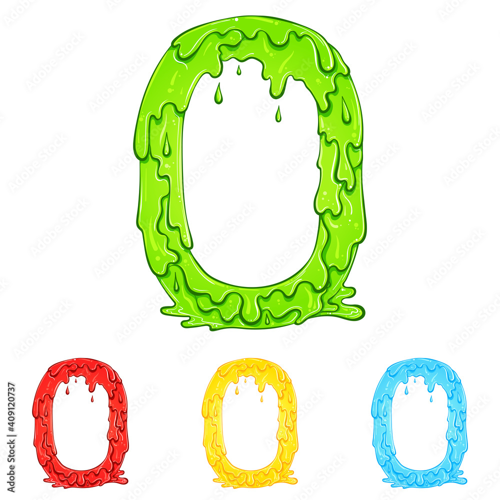Number 0 with flow drops and goo splash. Color illustration of the ...