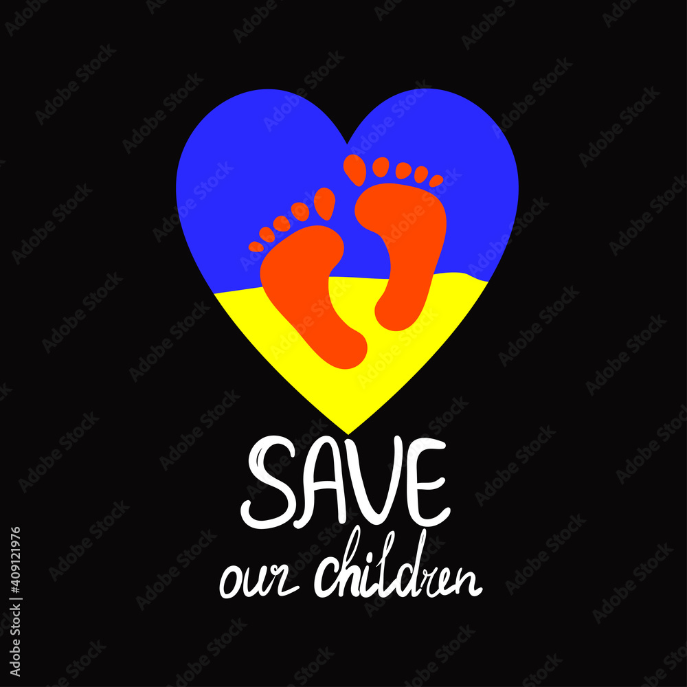 Child protection and flag Ukraine heart icon on black background. Save ...