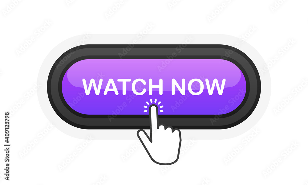 Watch Now purple realistic 3D button isolated on white background. Hand ...