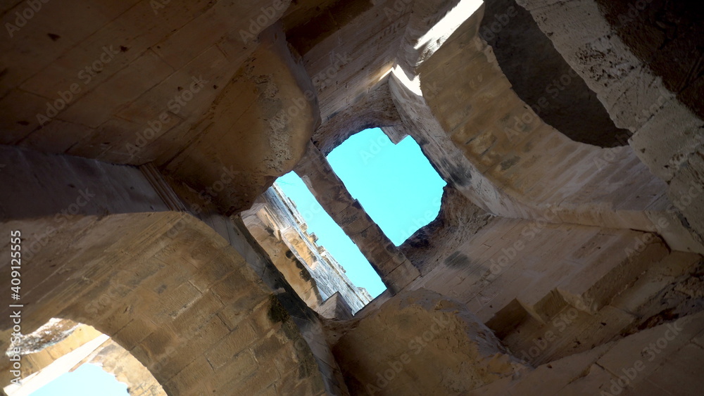 View inside the ruins of the amphitheater. The camera is spinning from ...