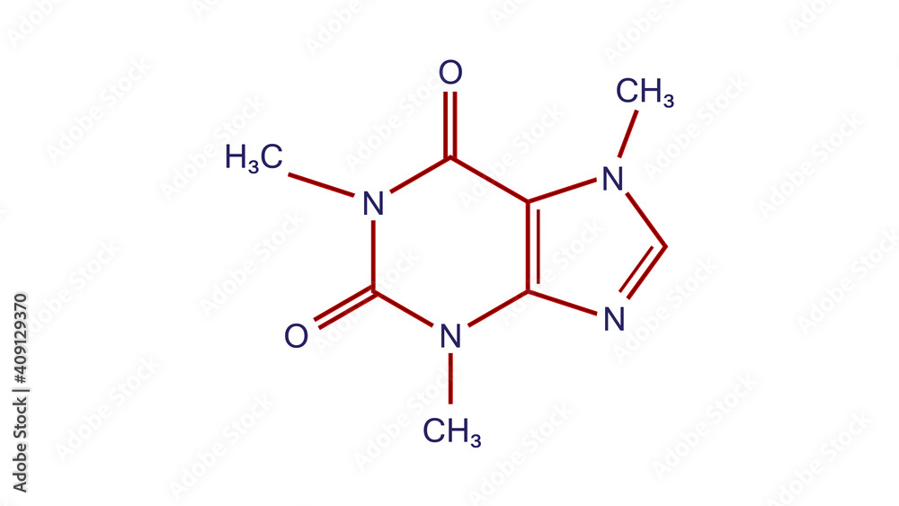 Structural chemical formula of caffeine molecule over white background ...