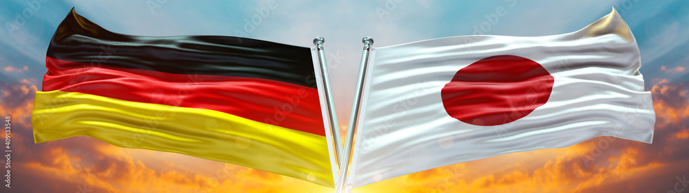 Japan Flag and Germany flag waving with texture sky Cloud and sunset ...