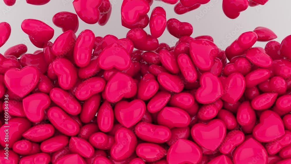 Pink realistic hearts fall down and overlap the screen on a white ...