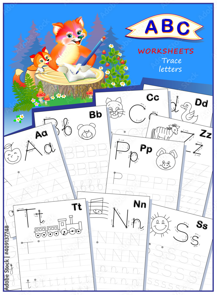 Cover for kids school workbook with exercise. Learn to trace alphabet ...
