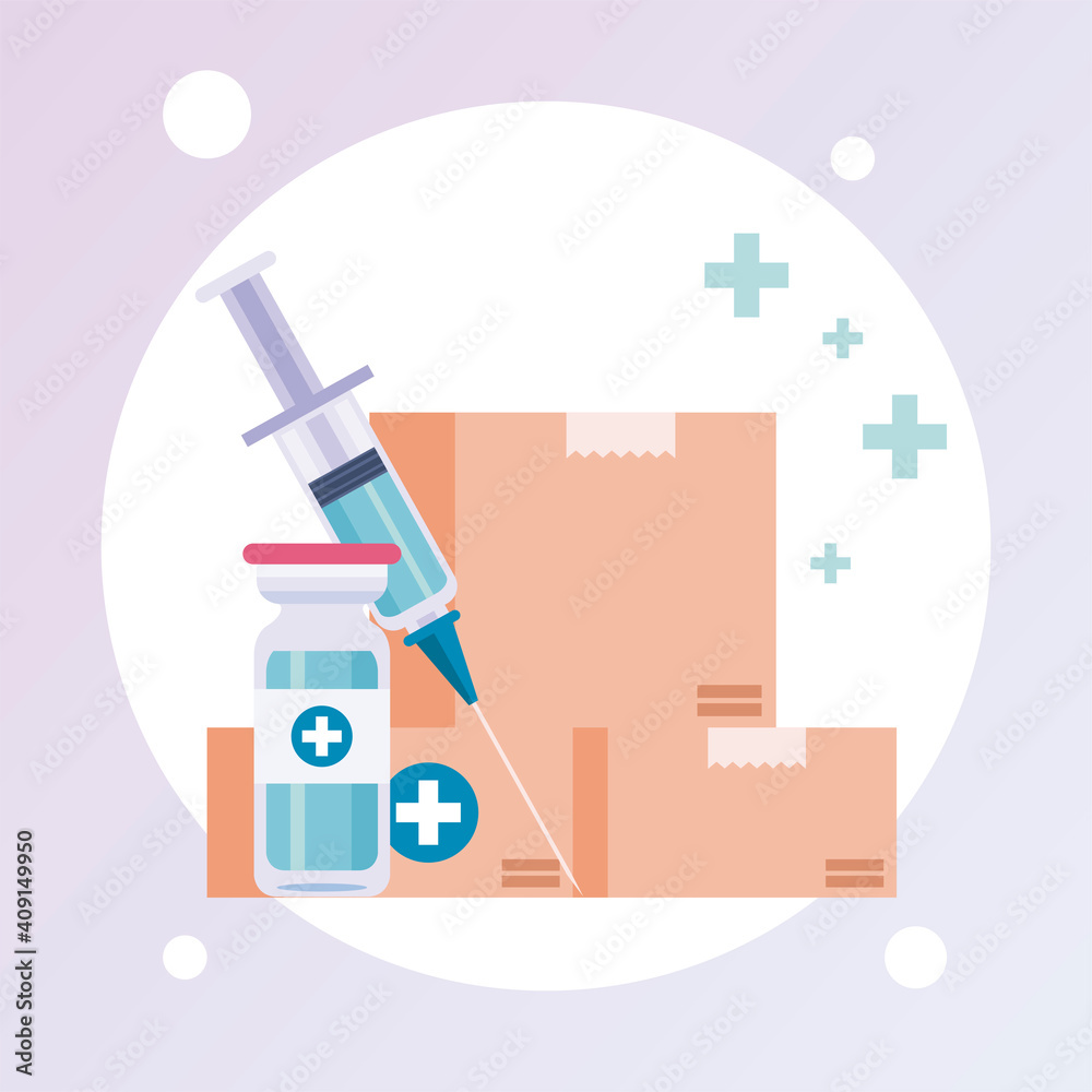 vaccine distribution logistics theme with vial and syringe in boxes ...