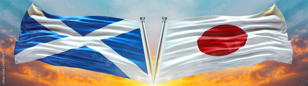 Japan Flag and Scotland flag waving with texture sky Cloud and sunset ...