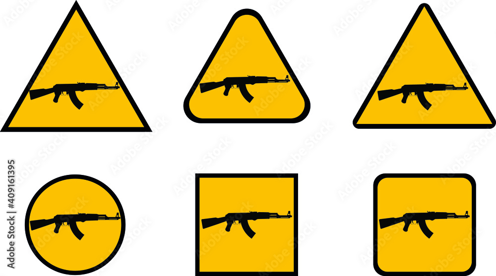 6 different types of shooting danger signs on black and yellow ...