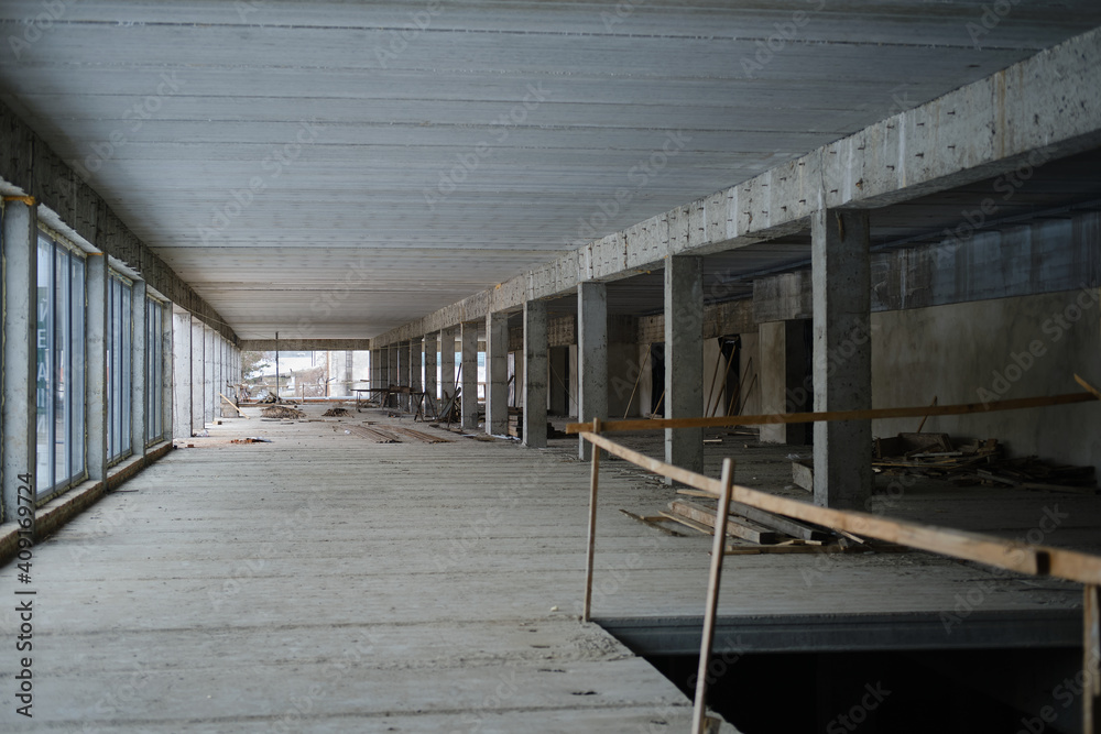 Wide angle background image of empty building under construction with ...