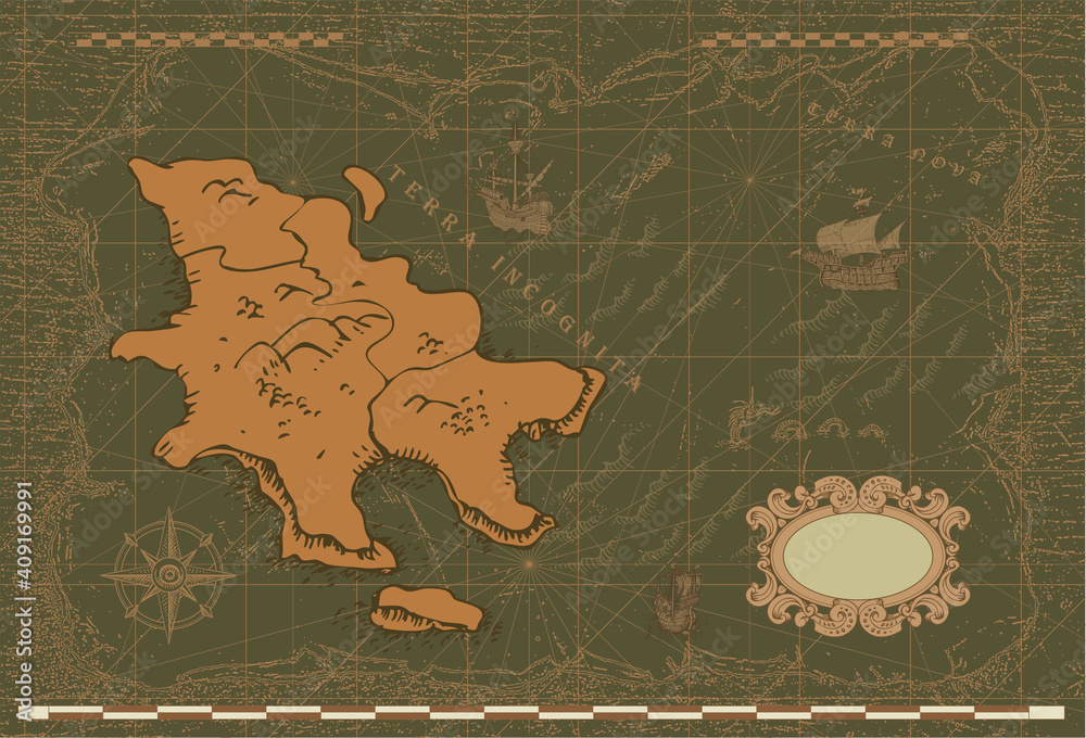 vector image of an old sea map in the style of medieval engravings ...