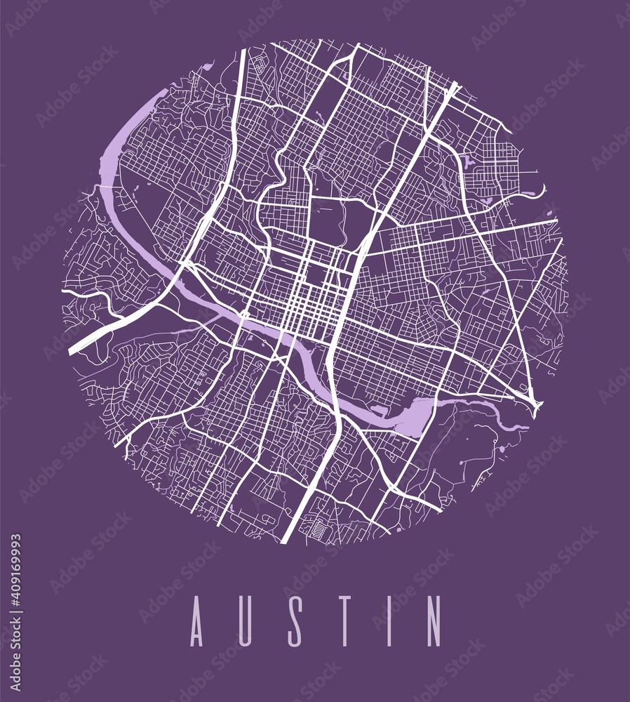 Austin map poster. Decorative design street map of Austin city ...