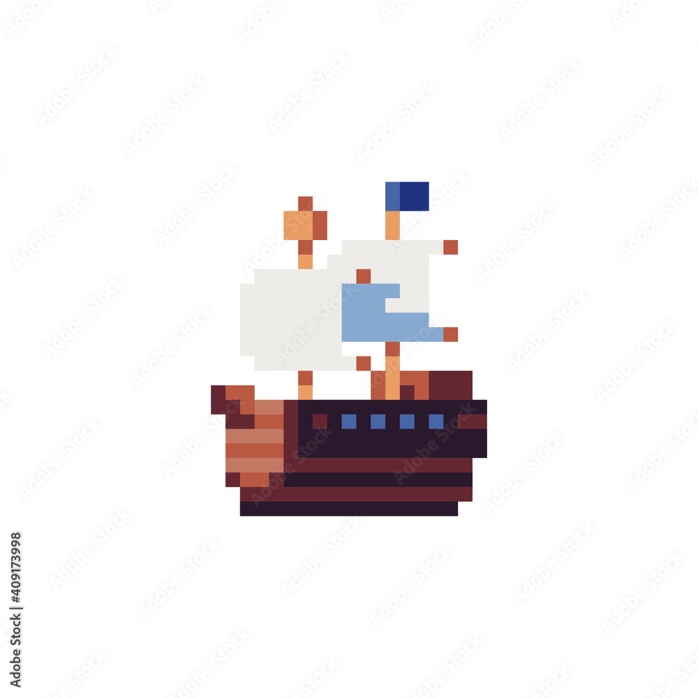 Pirate wooden ship icon. Pixel art style. Sailing boat. Old school ...