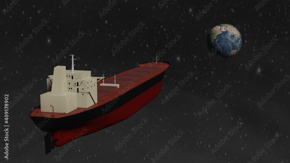 Bulk Carrier big cargo ship flying to planet Earth isolated 3d ...