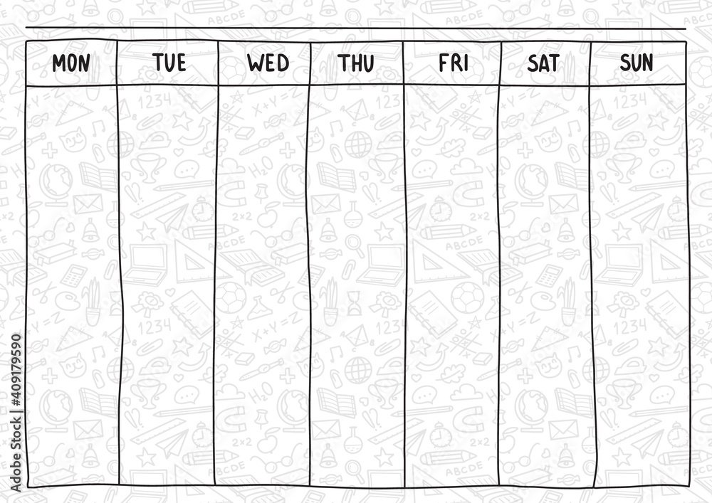 School weekly planner sketch black and white line with supplies Doodle ...