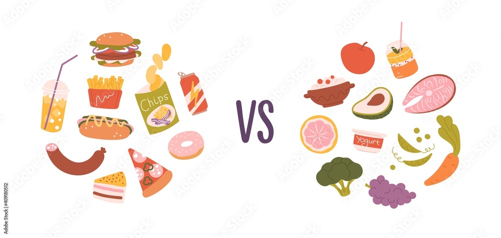 Healthy vs unhealthy food. Concept of choice between good and bad ...