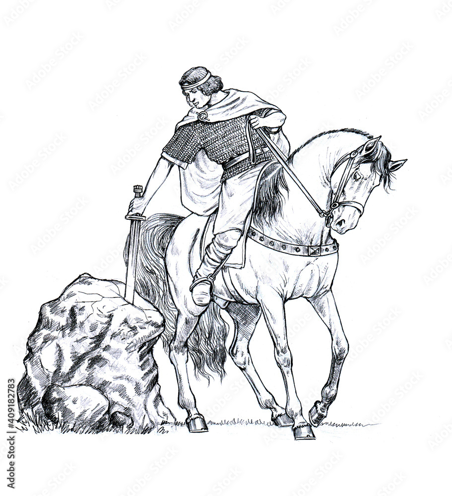 King Arthur with excalibur. Mounted knight of camelot. Pencil drawing ...