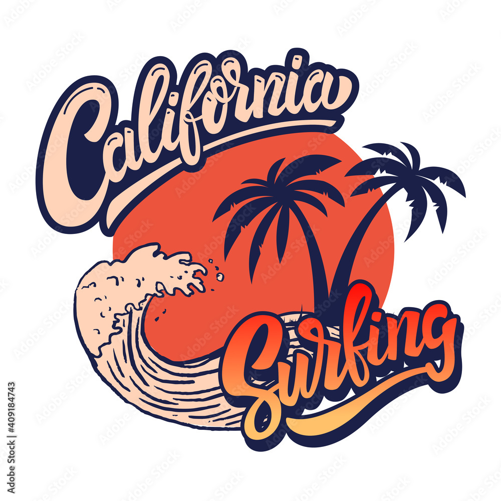 California surfing. Emblem template with sea waves and palms. Design ...