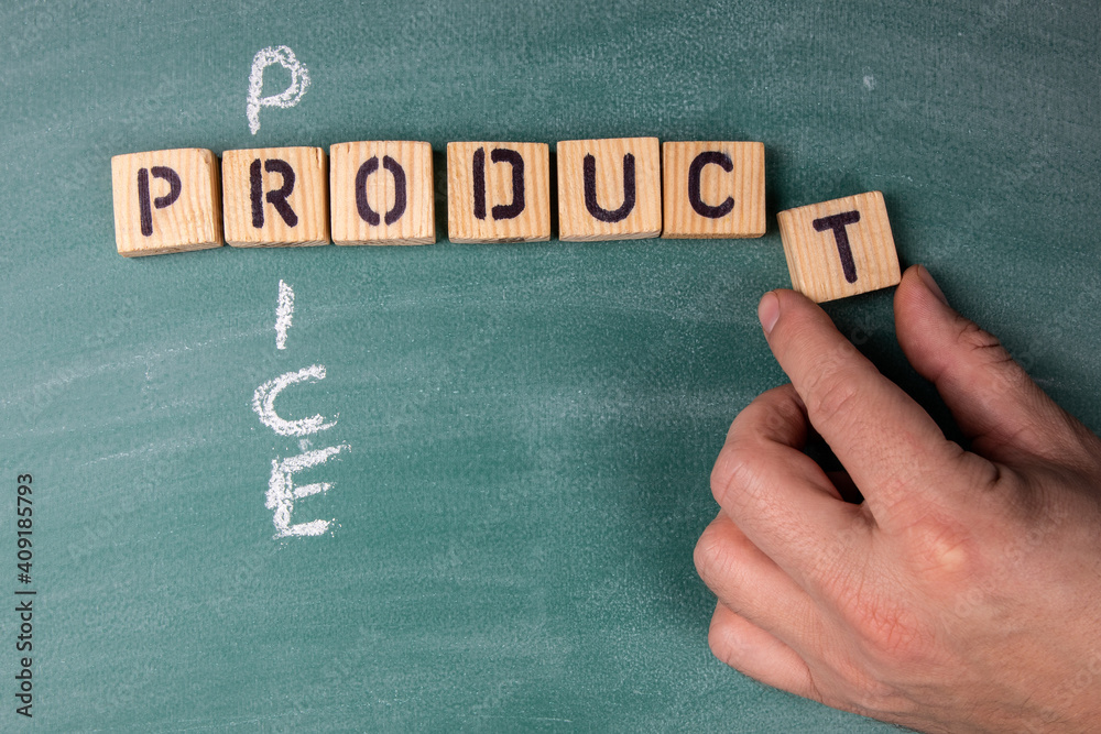 Product and Price concept. Text from letters of the wooden alphabet on ...