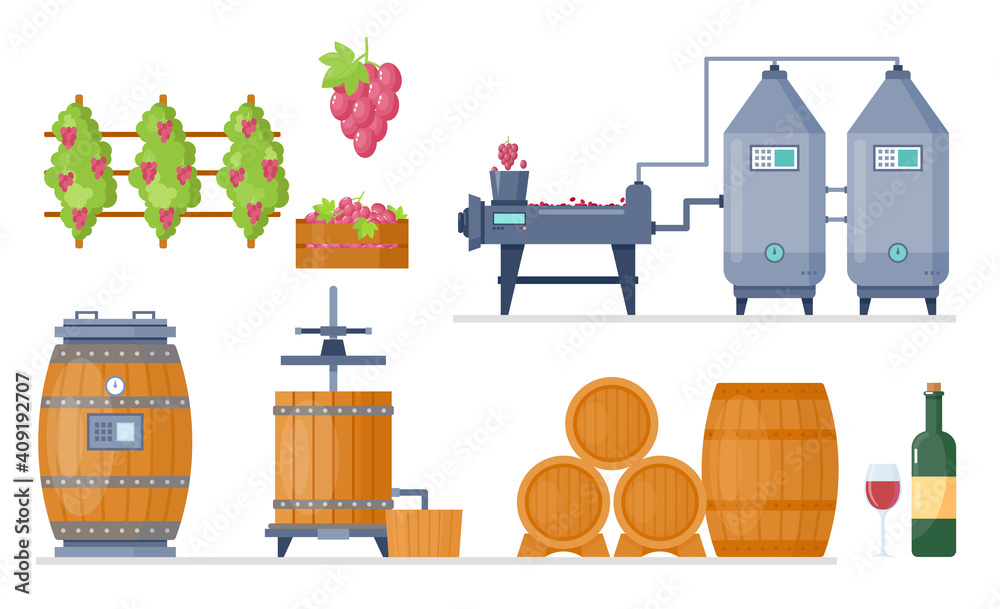 Wine production process in winery factory manufacture vector ...