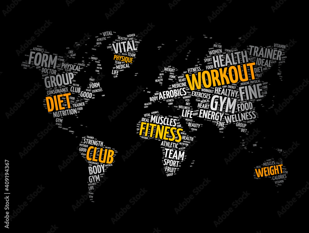 WORKOUT word cloud in shape of world map, fitness, health concept ...