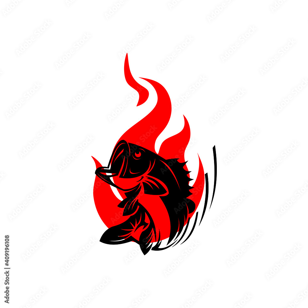 wild tuna on fire, solid black tuna silhouette with fire burn, vector ...