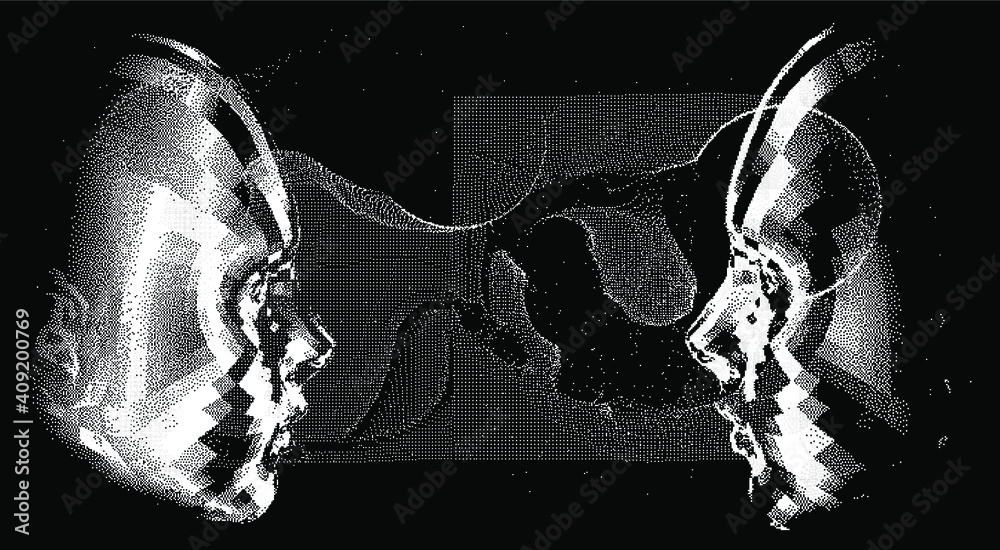 Human head made of the array of particles, pixelated and glitched ...