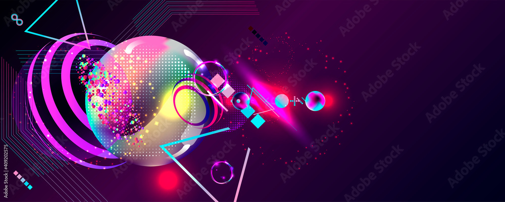 Fototapeta Synthwave Vaporwave Retrowave Glitch Circle with blue and ...