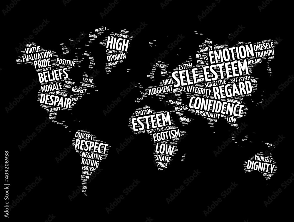 Self-esteem word cloud in shape of world map, concept background Stock ...