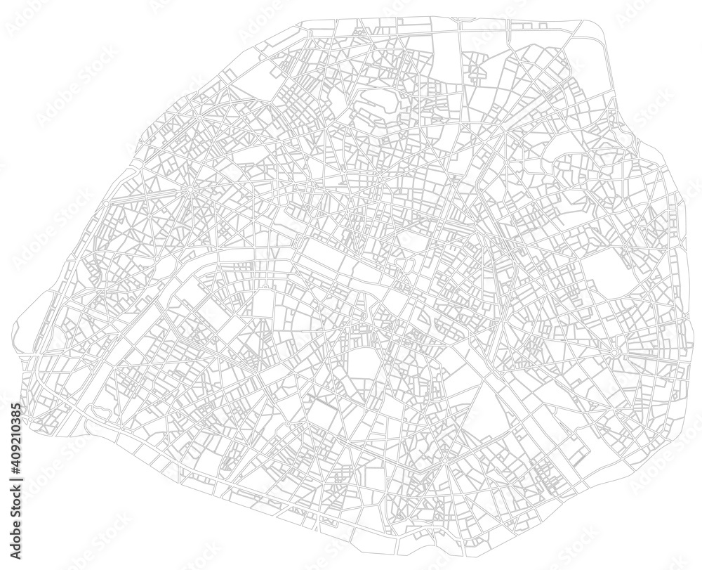 Paris France monochrome line city map. Plan of streets, urban ...