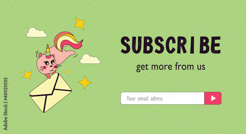 Newsletter design with unicorn cat. Cute kitten with rainbow tail ...