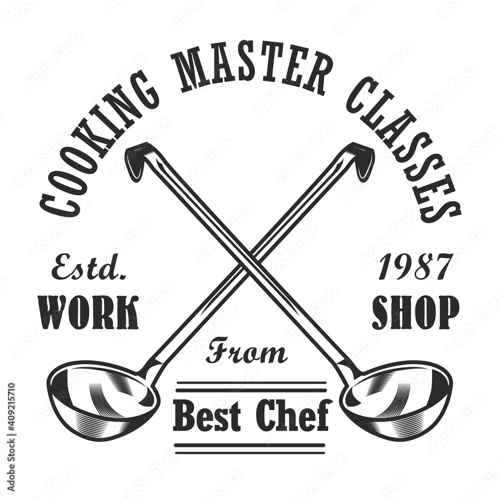 Cooking class label design. Monochrome element with crossed ladles ...