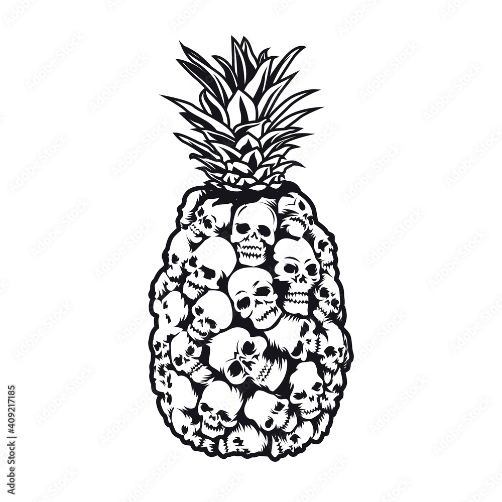 Pineapple skull emblem design. Monochrome element, fruit with skeleton ...