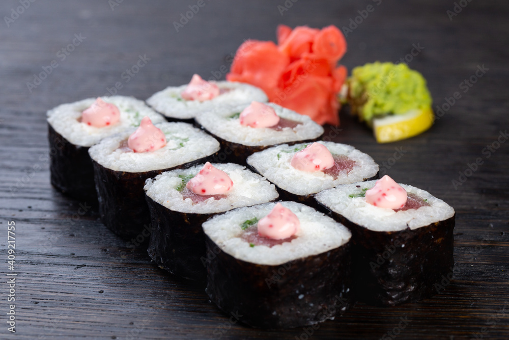 japanese sushi food. Maki ands rolls with tuna, salmon, shrimp, crab ...