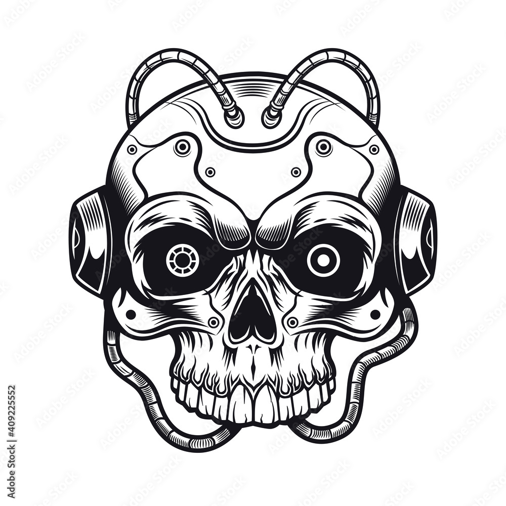 Vecteur Stock Smart robots skull emblem design. Monochrome element with robots head vector ...