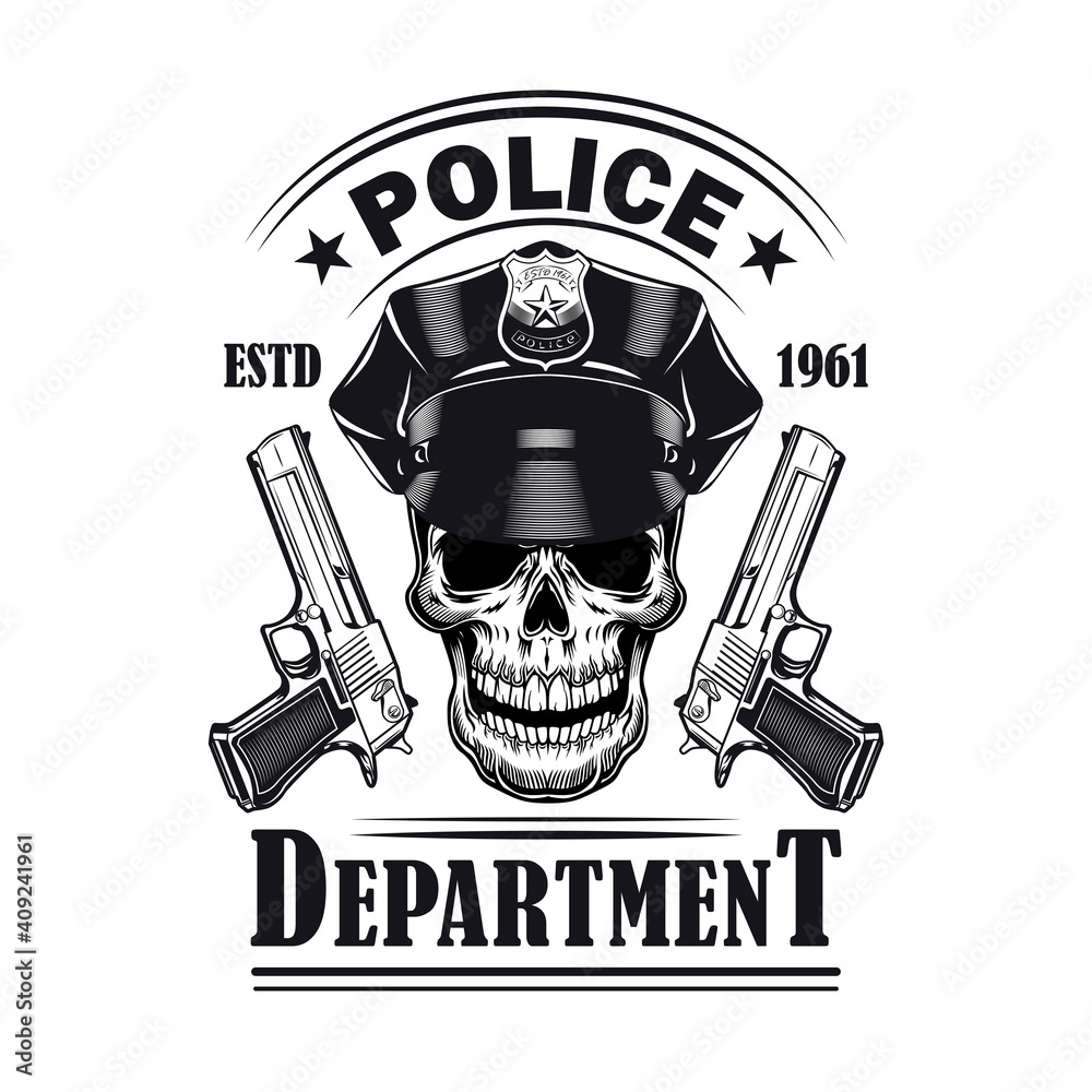 Old style emblem with policeman skull and pistols vector illustration ...
