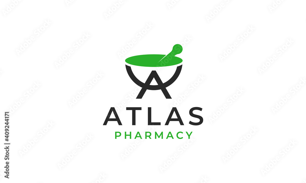 Photo & Art Print initial letter A with atlas shape and mortar pharmacy bowl medical health logo ...
