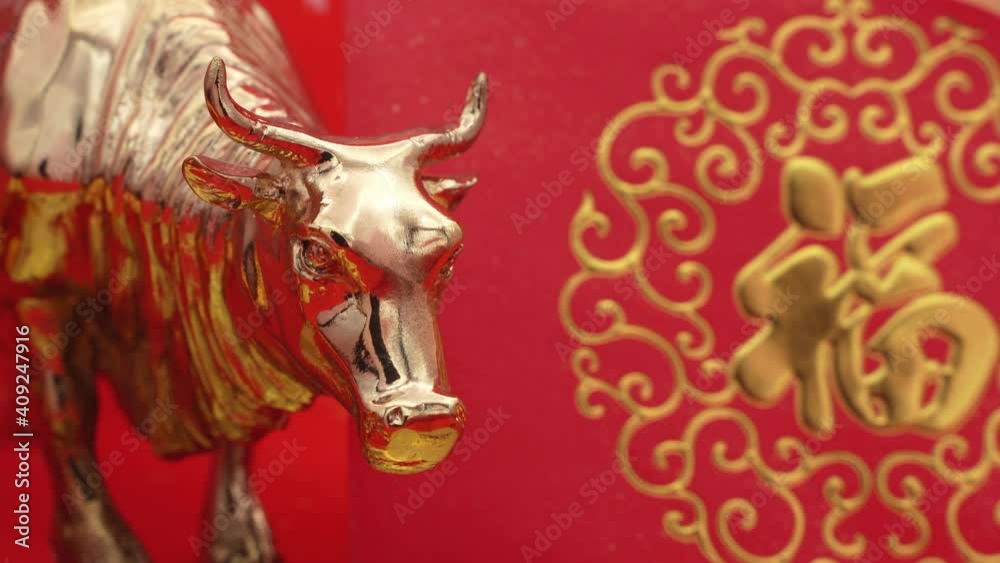 Tradition Chinese 2021 is year of the ox, Chinese characters on gold ...