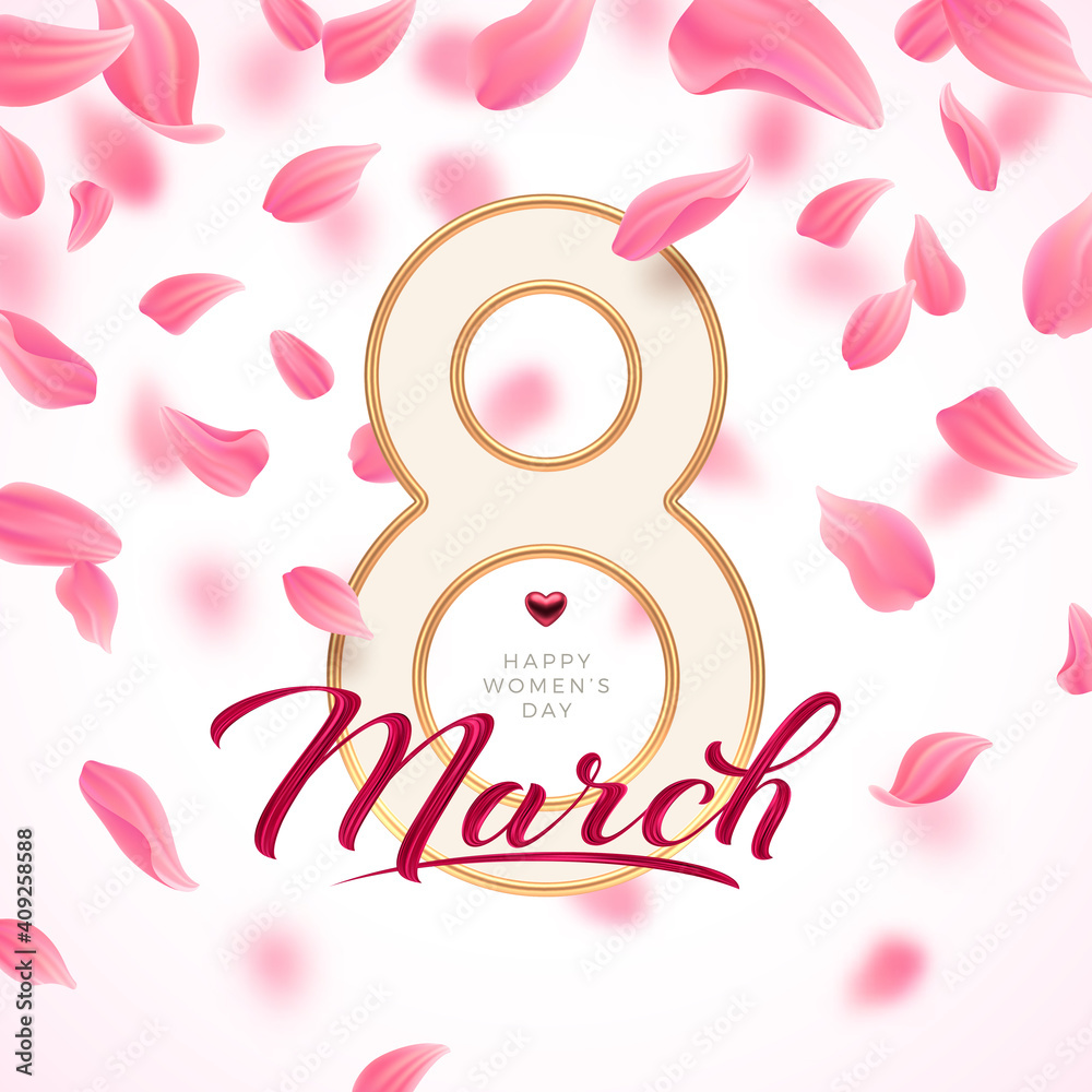 8 March - International women's day greeting card. Golden number eight ...