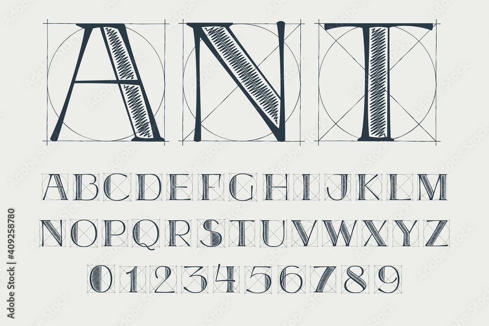 Alphabet and numbers set with construction grid lines. Stock Vector ...