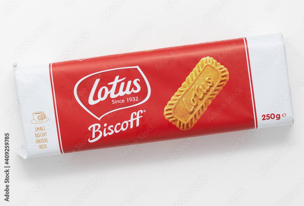 Pack of Lotus biscoff biscuits. Lotus biscuits are sweet crunchy ...