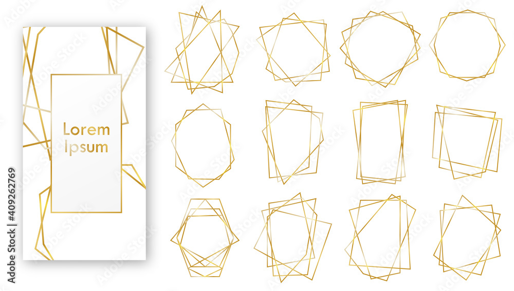 Gold Geometric Wedding Invitation frames. Geometrical polyhedron, art ...