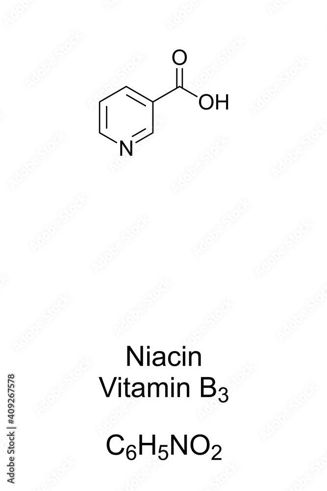 Niacin, nicotinic acid chemical structure and skeletal formula. A ...