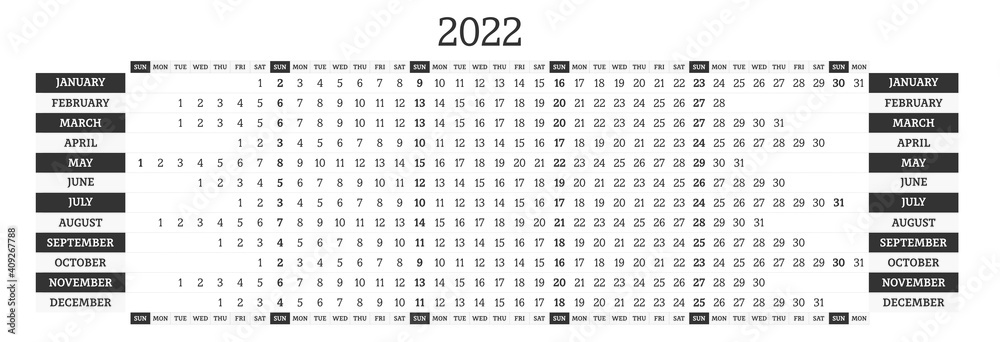 Calendar 2022 linear design. Vector graphics. Stationery template 2022 ...