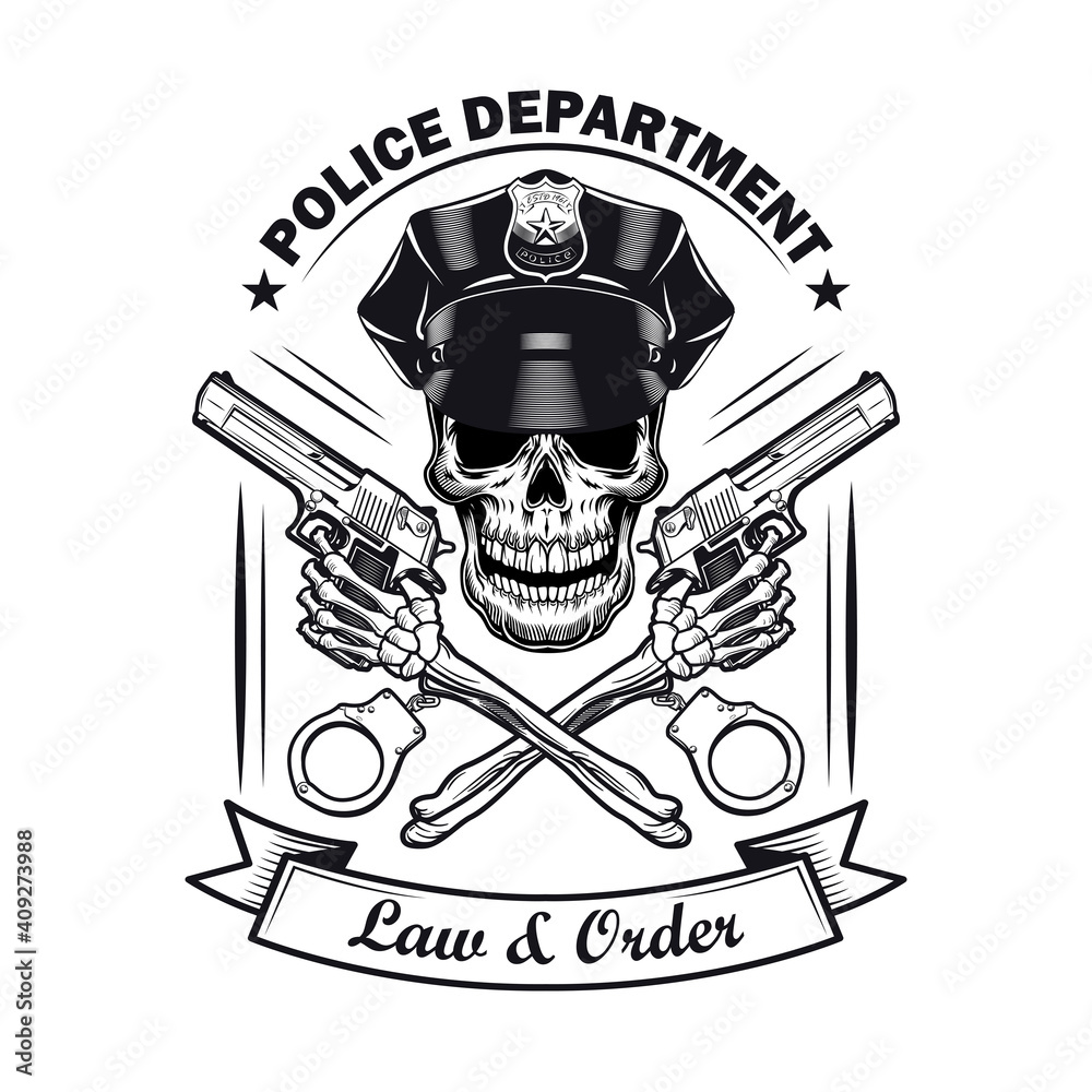Monochrome policeman skull with guns and handcuffs vector illustration ...
