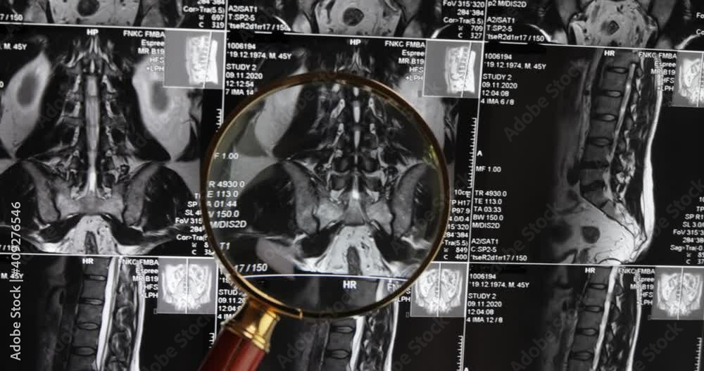 MRI lumbar spine background, magnetic resonance tomography. Doctor ...