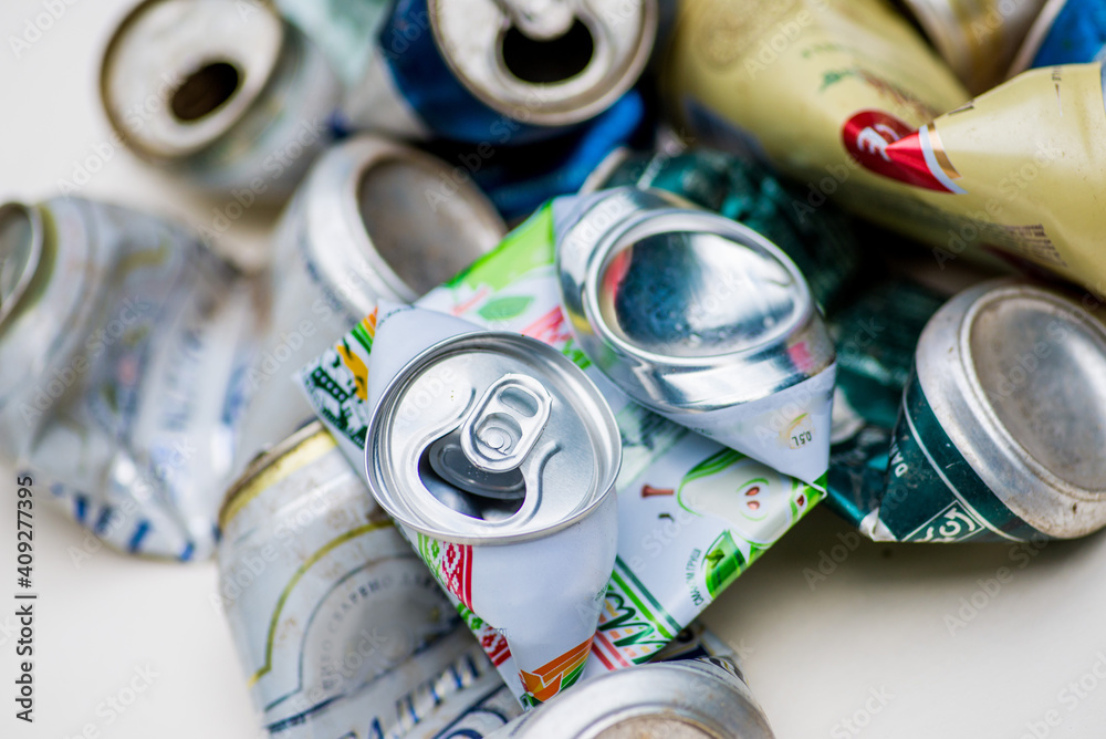 Heap of Used cans. Waste sorting and waste processing. Recyclable ...