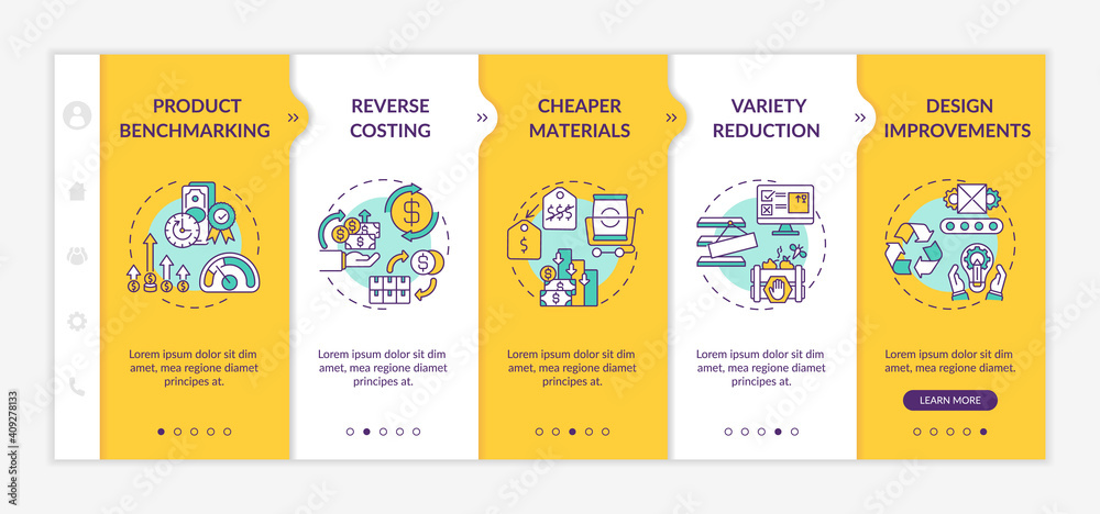 Cost reduction strategies onboarding vector template. Variety reduction ...