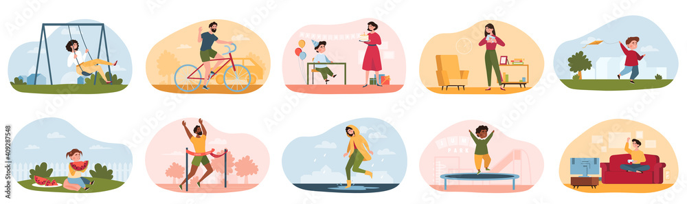 Summer outdoor and indoor recreation. Fictional characters swinging on ...