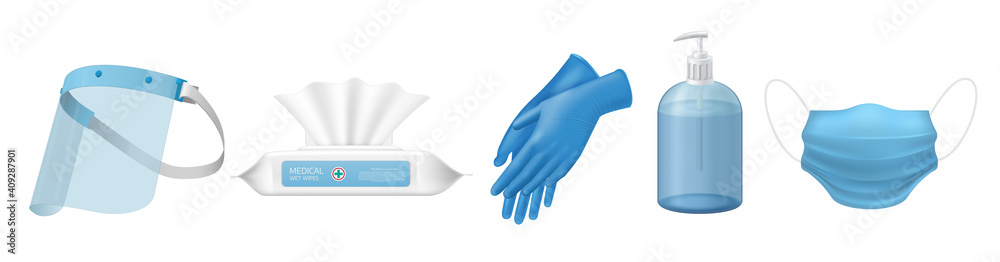Face shield, antiseptic wipes, medical gloves, spray, mask. Covid-19 ...
